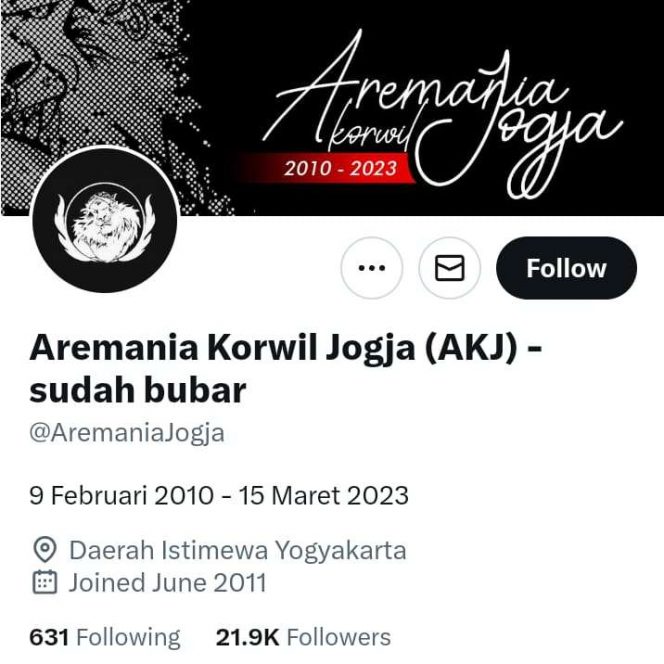 Akun media sosial Twitter Aremania Korwil Jogja. (ist)